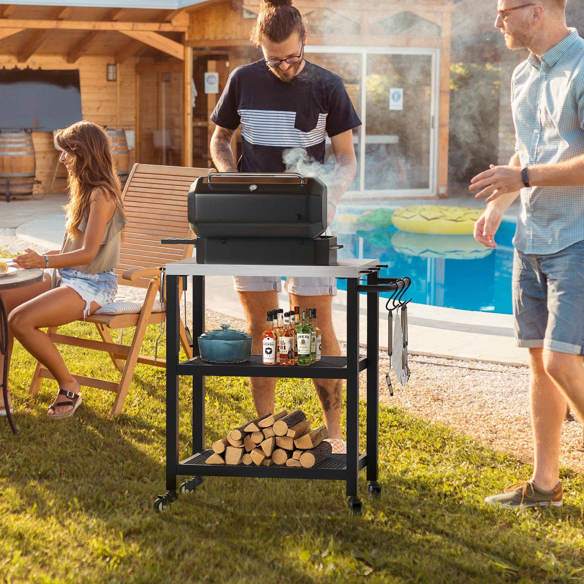 YITAHOME Outdoor Grill Cart Table Patio Food Prep and Work Cart Table Three-Shelf Stainless Steel Flattop Outdoor Cooking Prep Table with Wheels