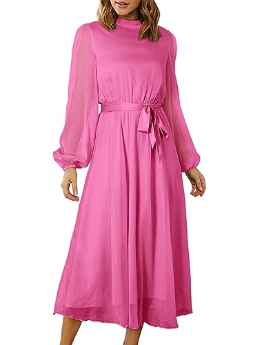Dokotoo Womens Fall Cocktail Dresses for Women 2023 Long Puff Sleeve Tie Waist Mock Neck High Waist A-Line Casual Birthday Evening Party Formal Midi Dress Pink X-Large