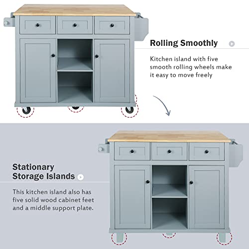 GLANZEND Kitchen Island with Drop-Leaf Countertop, Internal Storage Cabinet Racks, Rolling Kitchen Cart on 5 Wheels with Open Shelves and 3 Drawers, Spice Holder, for Dining Room, Grey Blue, 53.1"