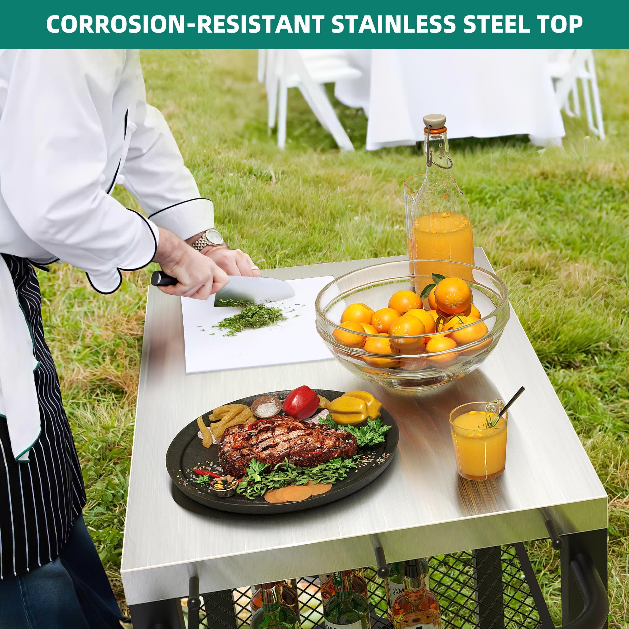 YITAHOME Outdoor Grill Cart Table Patio Food Prep and Work Cart Table Three-Shelf Stainless Steel Flattop Outdoor Cooking Prep Table with Wheels
