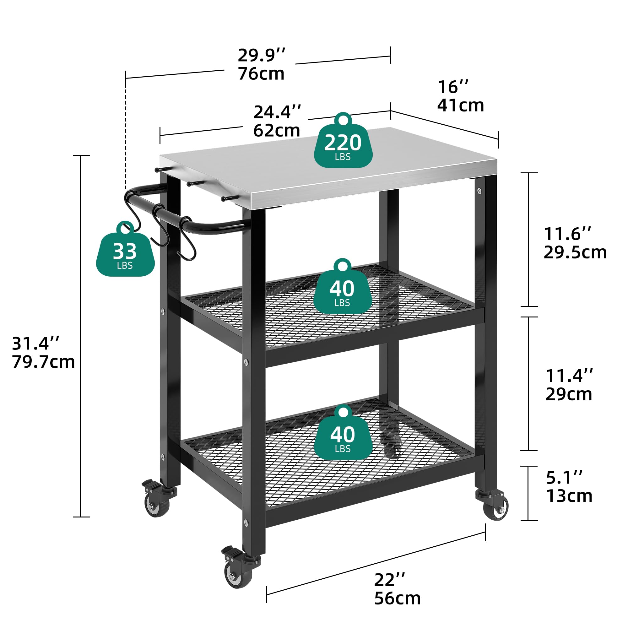 YITAHOME Outdoor Grill Cart Table Patio Food Prep and Work Cart Table Three-Shelf Stainless Steel Flattop Outdoor Cooking Prep Table with Wheels