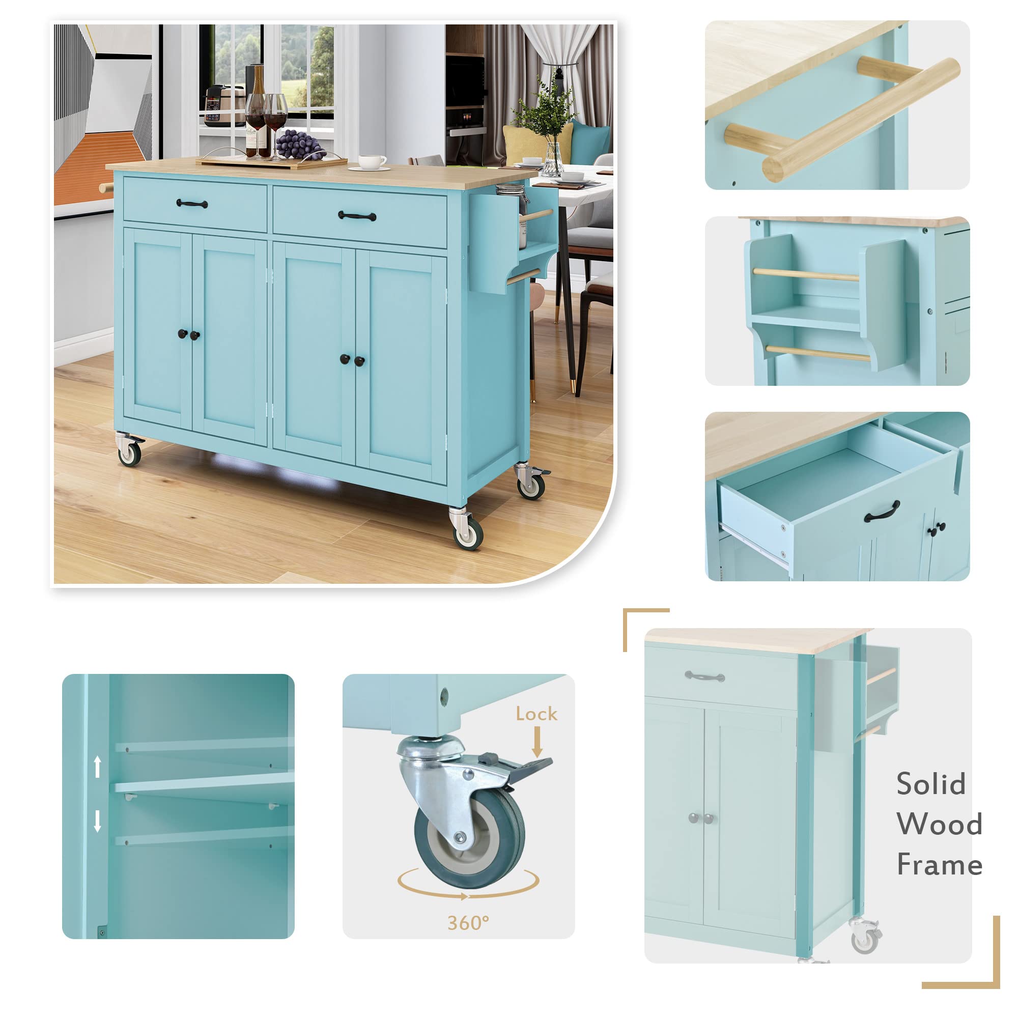 GLANZEND Kitchen Island Cart on Locking Wheels with 4 Cabinet and 2 Drawers, Rolling Coffee Bar Trolley w/Solid Wood Tabletop, Adjustable Shelves, Spice & Towel Side Rack,Mint Green, 54.3 Inch