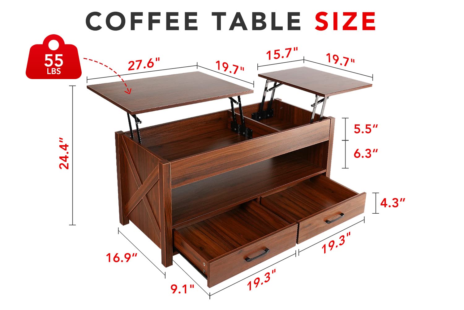CLATINA Lift Top Coffee Table with Drawers and Hidden Compartment, 43.3'' Retro Center Coffee Table for Living Room, Farmhouse Coffee Table with Wooden Lift Tabletop, Espresso