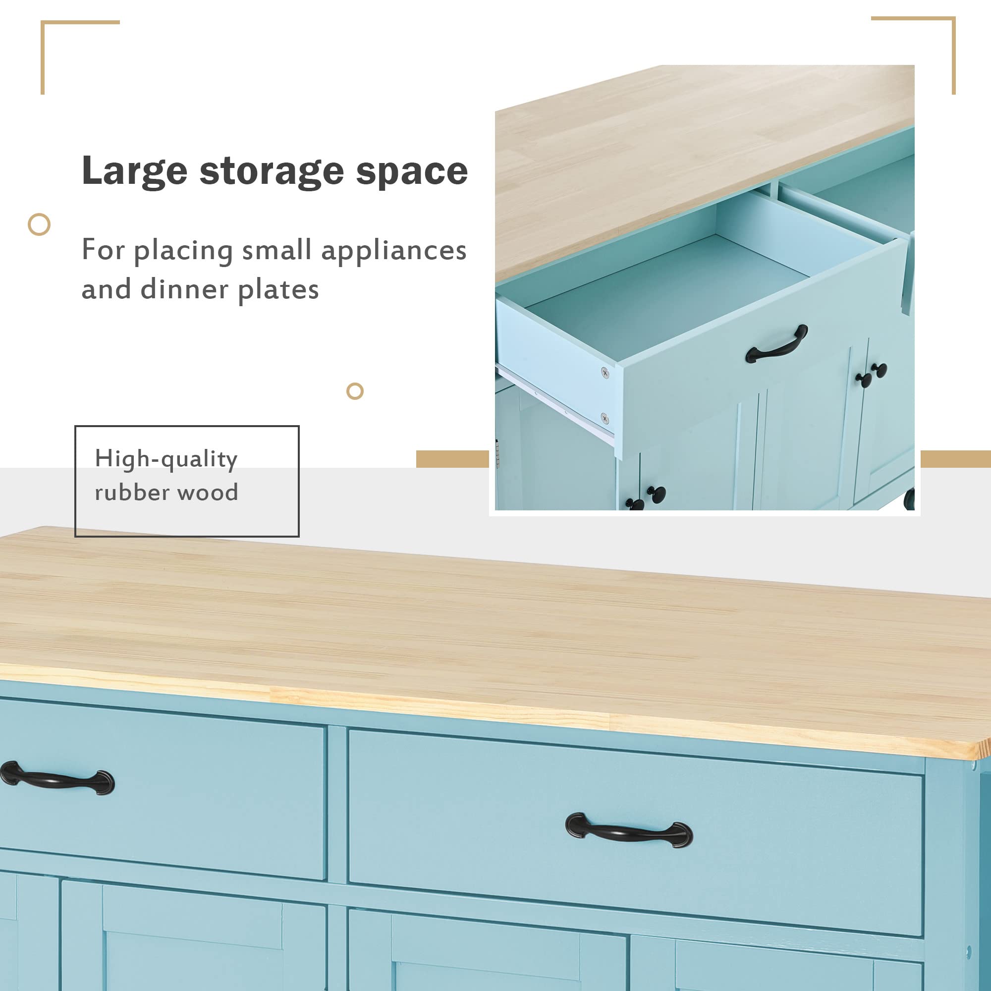 GLANZEND Kitchen Island Cart on Locking Wheels with 4 Cabinet and 2 Drawers, Rolling Coffee Bar Trolley w/Solid Wood Tabletop, Adjustable Shelves, Spice & Towel Side Rack,Mint Green, 54.3 Inch