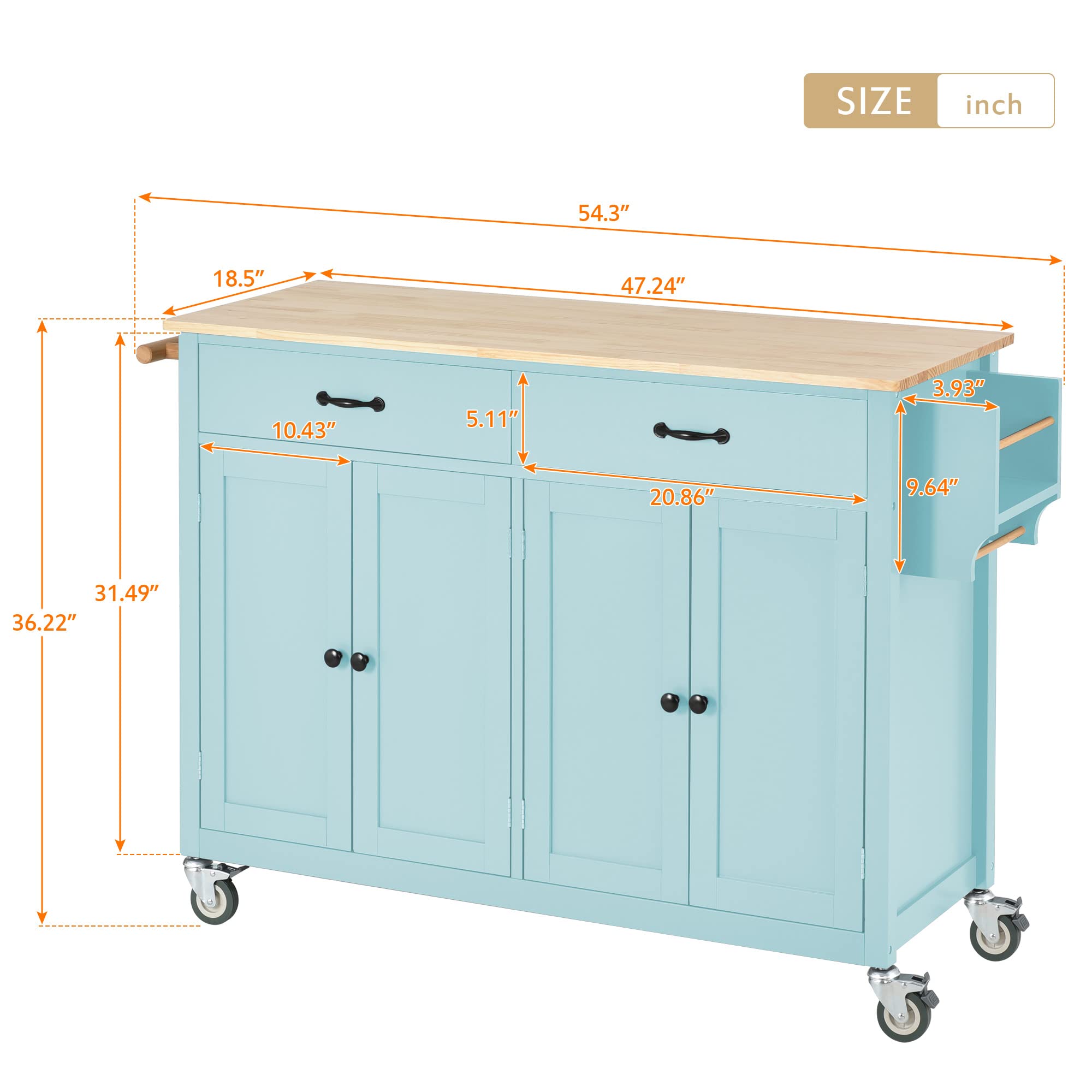 GLANZEND Kitchen Island Cart on Locking Wheels with 4 Cabinet and 2 Drawers, Rolling Coffee Bar Trolley w/Solid Wood Tabletop, Adjustable Shelves, Spice & Towel Side Rack,Mint Green, 54.3 Inch