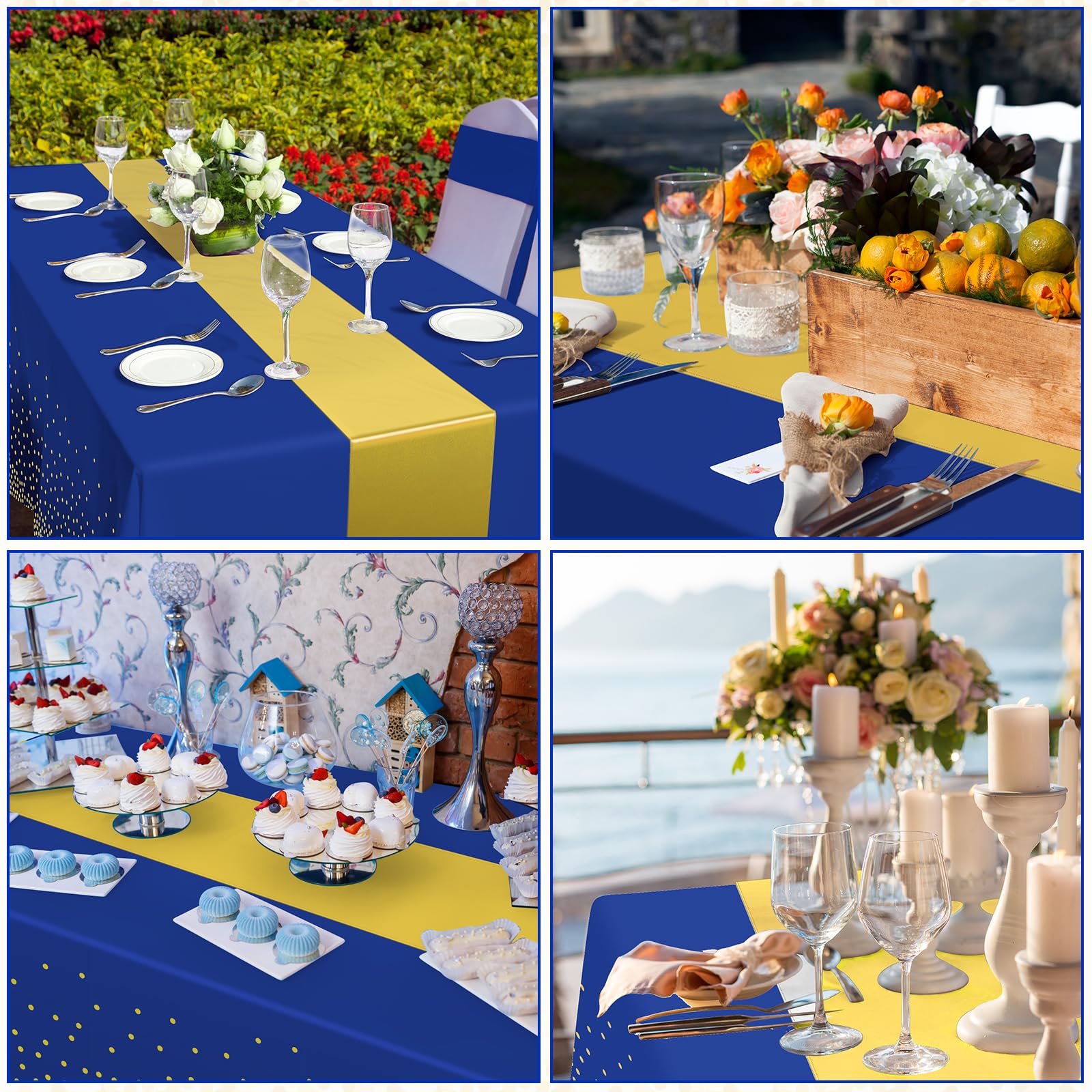 12 Pack Blue and Gold Tablecloth and Table Runner Party Decorations, Royal Blue and Gold Plastic Disposable Tablecloth and Satin Table Runner for Wedding Birthday Bridal Graduation Anniversary Party