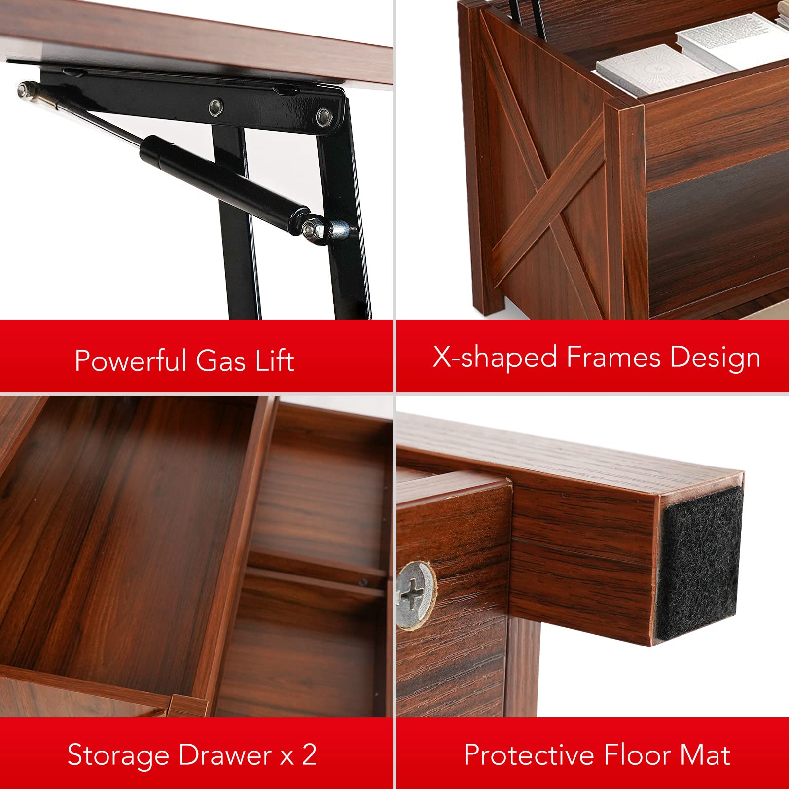CLATINA Lift Top Coffee Table with Drawers and Hidden Compartment, 43.3'' Retro Center Coffee Table for Living Room, Farmhouse Coffee Table with Wooden Lift Tabletop, Espresso
