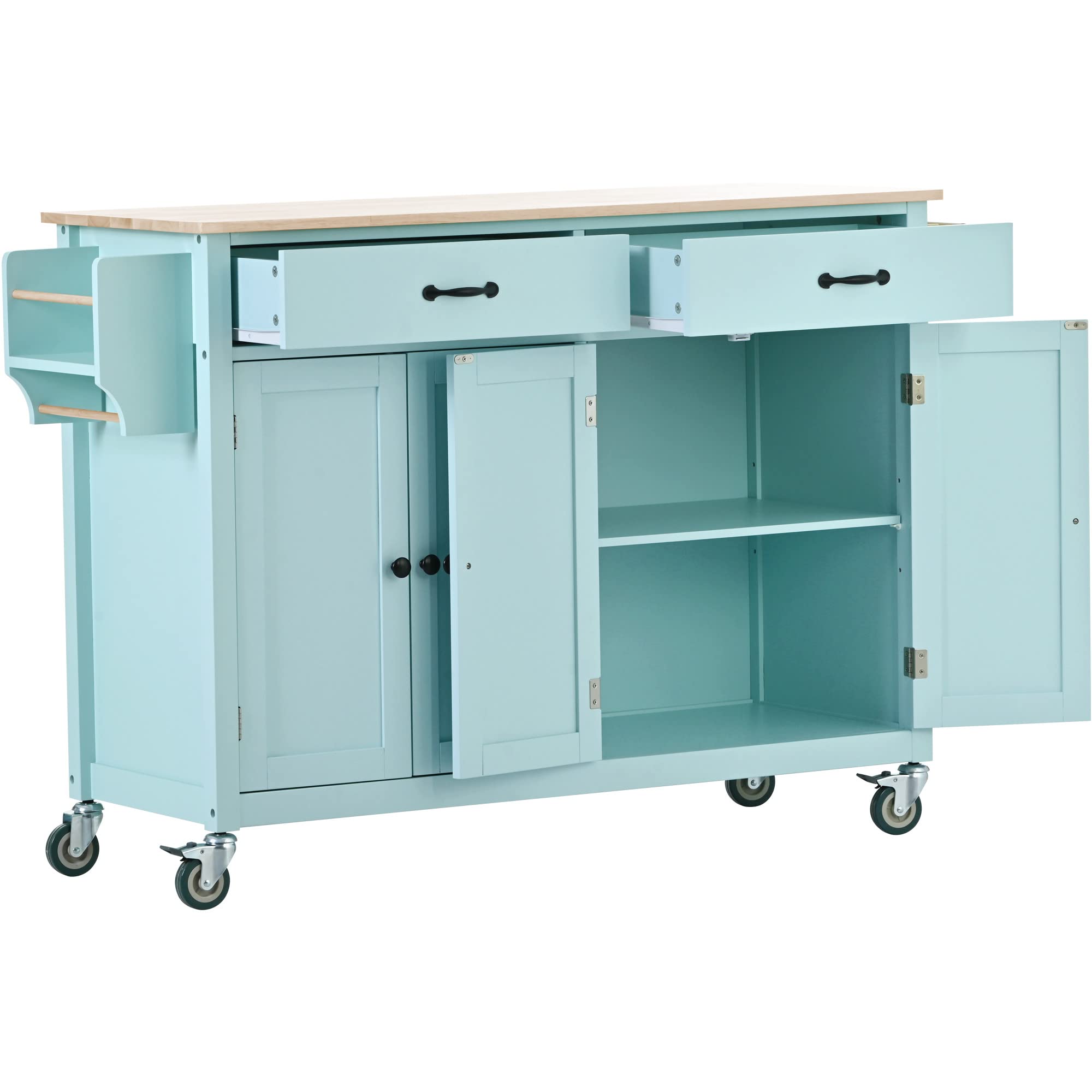GLANZEND Kitchen Island Cart on Locking Wheels with 4 Cabinet and 2 Drawers, Rolling Coffee Bar Trolley w/Solid Wood Tabletop, Adjustable Shelves, Spice & Towel Side Rack,Mint Green, 54.3 Inch