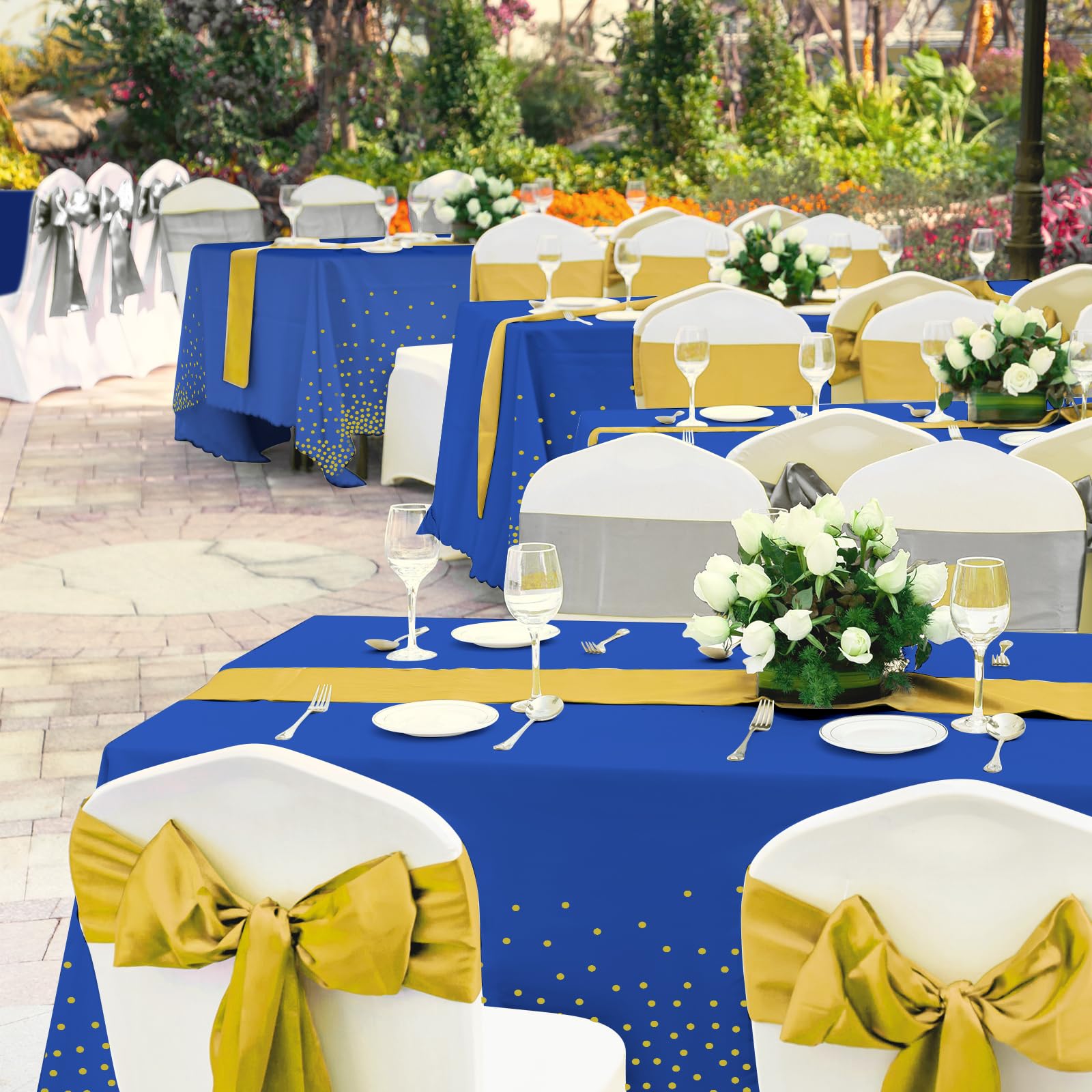 12 Pack Blue and Gold Tablecloth and Table Runner Party Decorations, Royal Blue and Gold Plastic Disposable Tablecloth and Satin Table Runner for Wedding Birthday Bridal Graduation Anniversary Party