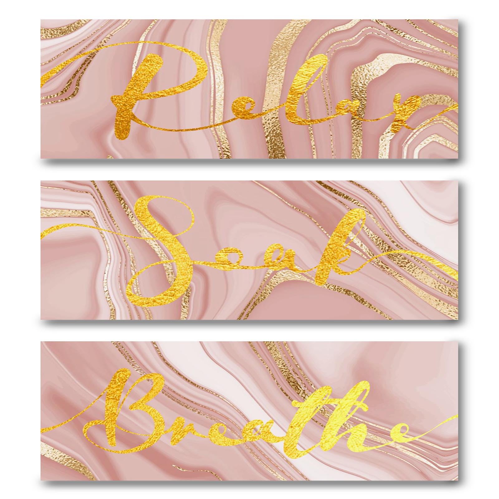 3 Pieces Funny Rustic Wooden Art Wall Hangings Relax Soak Breathe Pink Gold Marble Style Wood Signs 12 X 4 Inches for Home, Living Room, Bedroom, Yoga Room Wall Decor