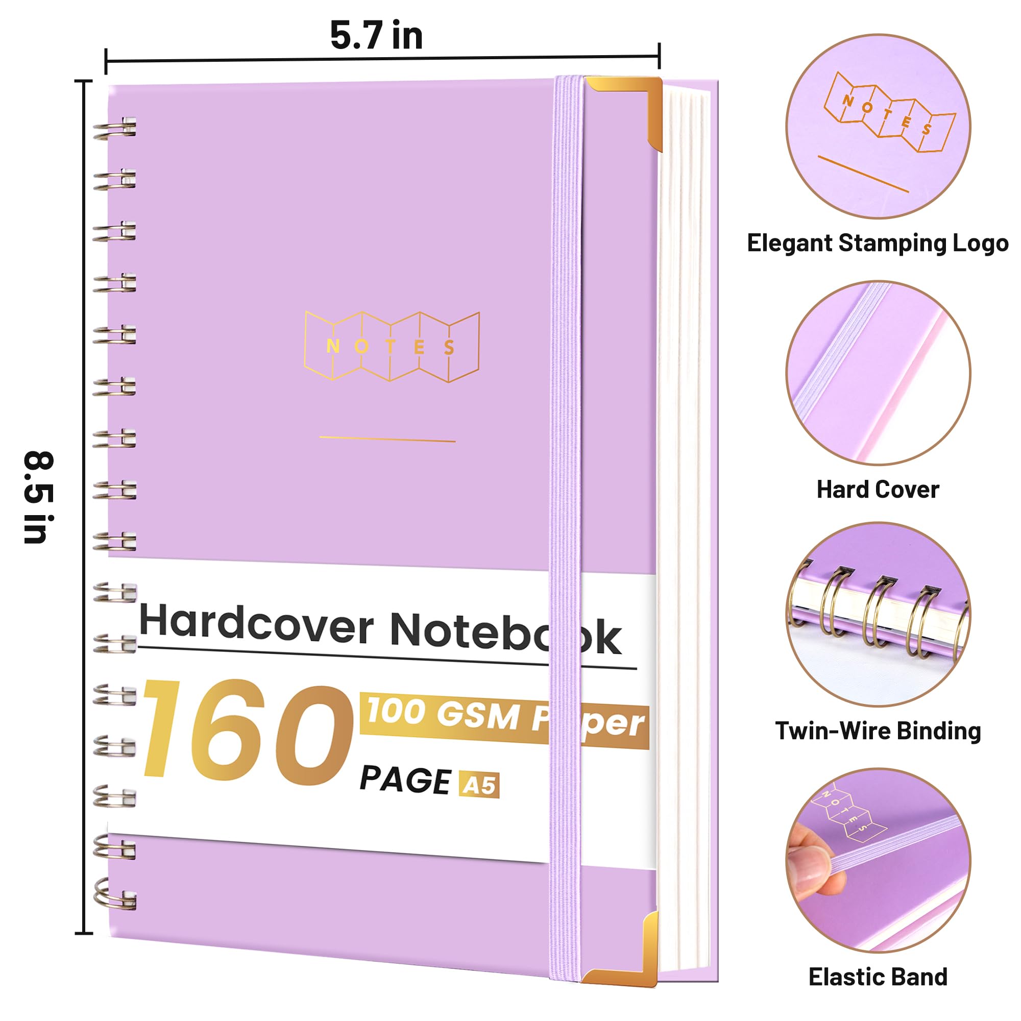 Yoment Lined Spiral Notebook Journal for Work 160 Pages Hardcover Spiral Notebook College Ruled A5 Small Spiral Notebook 5x7 Journaling Notebooks for Writing Note Taking School, Purple
