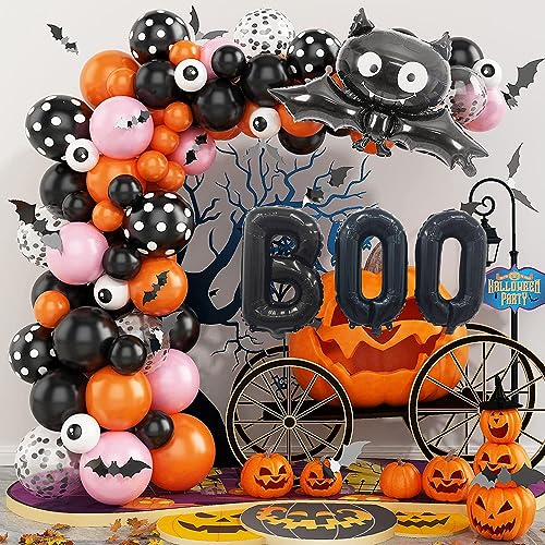Halloween Balloons Arch Garland Kit 107Pcs, Black Orange Pink White Halloween Balloons BOO Metallic Balloons, Cute Cartoon Bat Balloons Bat Stickers for Birthday Halloween Party Decoration Supplies