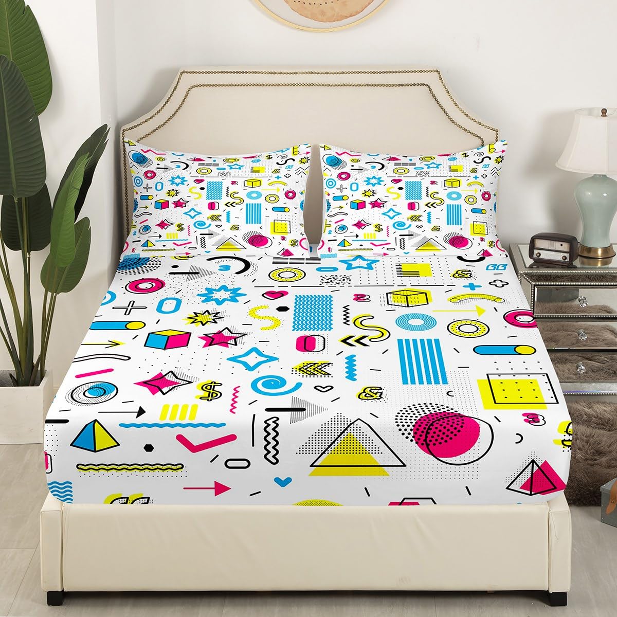 Erosebridal 80's Memphis Style Fitted Sheet Full Size Hipster Retro Bed Sheets 70s and 90s Hip Hop Funny Bed Set Math Themed Bedding Set Geometry Stripes Print Bedding Memphis Home Decor