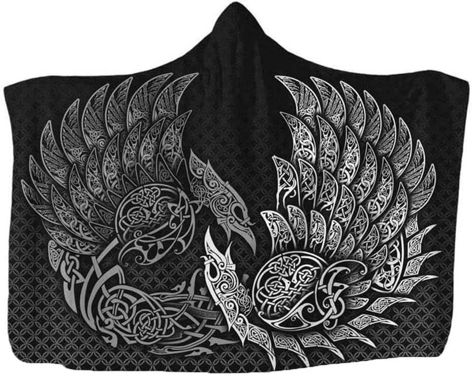 BURNAR Viking 3D Printed Hooded Blanket Warm Soft Viking Raven Celtic Runes Unisex Winter Wearable Hooded Blanket Double Thick Plush Fleece Blanket Cape (Color : Blanket, Size : 50x60in/130x150cm)