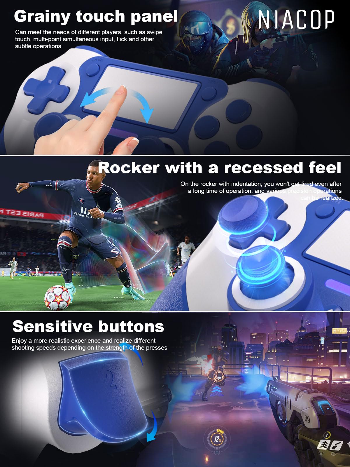 Niacop P4 Controller [2024 Latest Upgrade], Wireless p4 controller compatible p4 / 3/Pro/Slim/PC, P4 controllers with Back button Dual Vibration, Turbo,Touch Pad, Type-c port