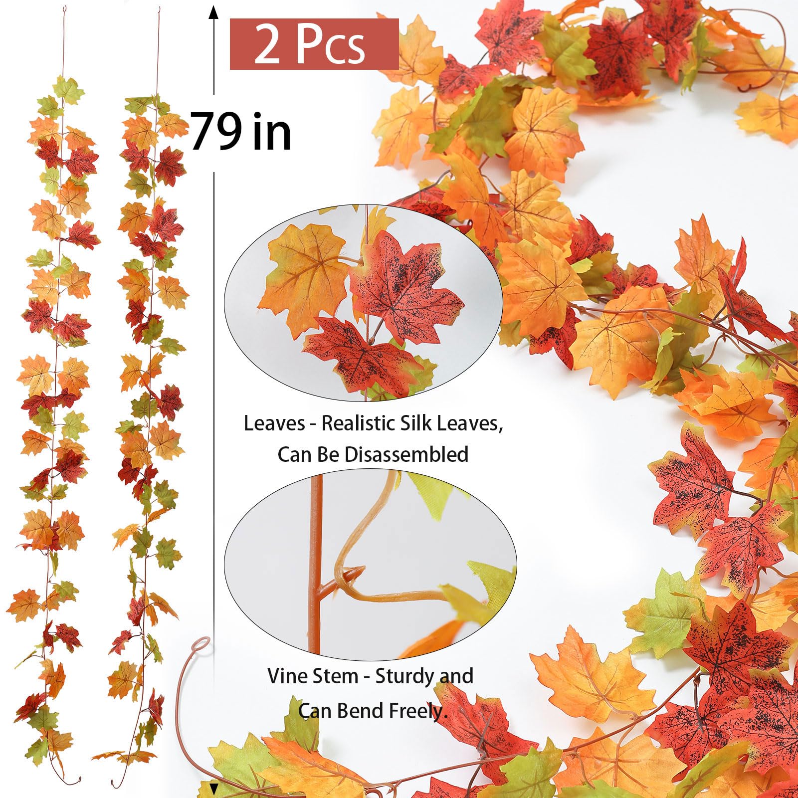 mizii 2 Strands Autumn Artificial Maple Vines Garland 79" Fake Vine with Silk Fall Leaves Faux Hanging Plants Greenery Decoration for Bedroom Home Wall Party Arch Apartment Room Decor (Maple)