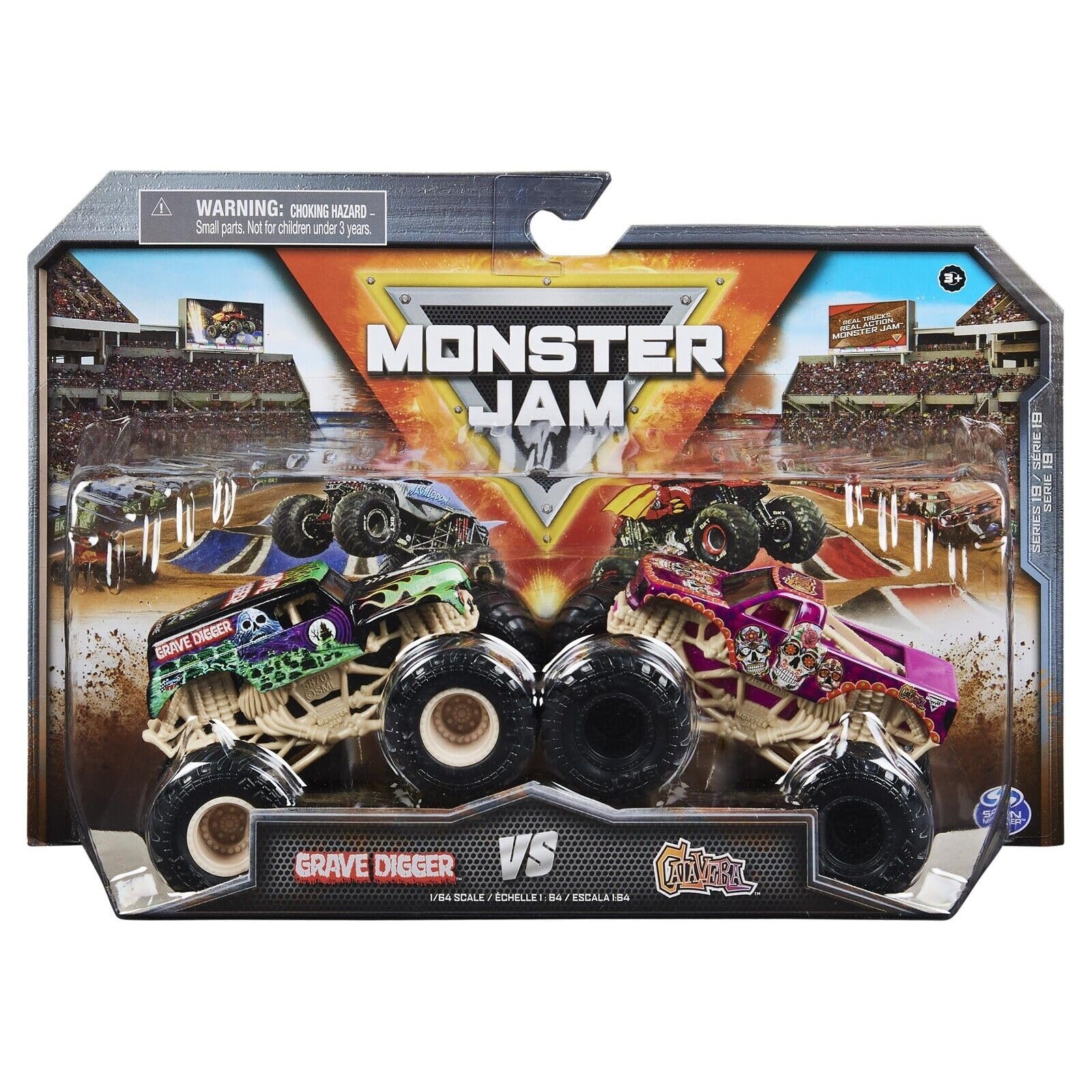 Monster Jam Die-Cast Monster Trucks, 1:64 Scale, Kids Toys for Ages 3 and up 2 Pack Series 24 (Grave Digger vs Calavera Series 19)