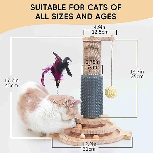 PetnFam 5in1 Sturdy Base Cat Scratching Post,Cat Scratcher Includes 6 Spare Teasing Sticks,Premium Sisal Tall Scratcher Interactive Track Toys,Massage Brush,Dangling Ball for Indoor Kittens and Cats