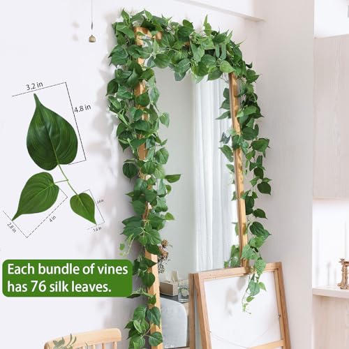 mizii 2 Strands Artificial Vines Scindapsus Garland 79" Real Touch Fake Vine with Silk Green Leaves Faux Hanging Plants Greenery Decoration for Bedroom Wall Party Wedding Room Decor