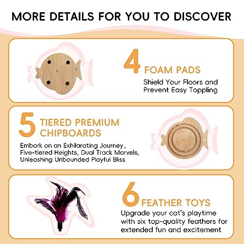 PetnFam 5in1 Sturdy Base Cat Scratching Post,Cat Scratcher Includes 6 Spare Teasing Sticks,Premium Sisal Tall Scratcher Interactive Track Toys,Massage Brush,Dangling Ball for Indoor Kittens and Cats