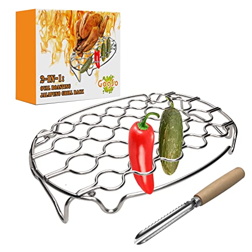 Jalapeno Rack - 12"X8.5" Popper Rack With Jalapeno Corer Tool, Jalapeno Grill Rack Contain 2 Sizes Of Holes For Different Sizes Of Peppers; Folds To Use As Steam Rack For Oval Roasting Pan And Grills