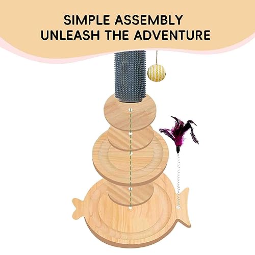 PetnFam 5in1 Sturdy Base Cat Scratching Post,Cat Scratcher Includes 6 Spare Teasing Sticks,Premium Sisal Tall Scratcher Interactive Track Toys,Massage Brush,Dangling Ball for Indoor Kittens and Cats