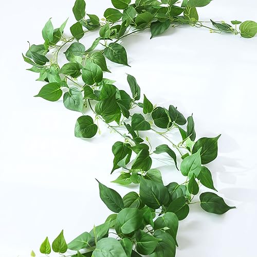 mizii 2 Strands Artificial Vines Scindapsus Garland 79" Real Touch Fake Vine with Silk Green Leaves Faux Hanging Plants Greenery Decoration for Bedroom Wall Party Wedding Room Decor