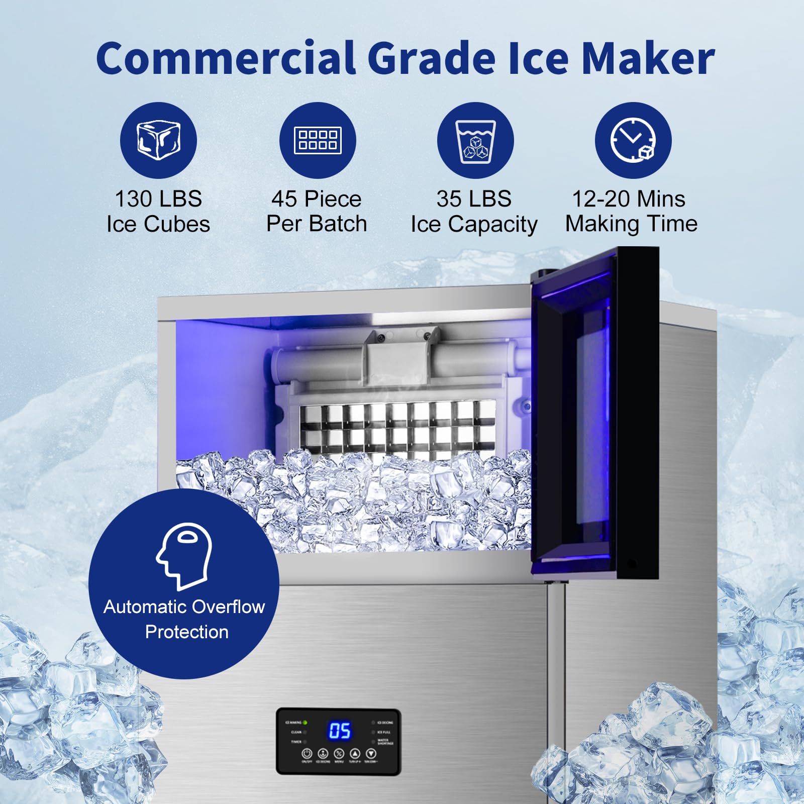 Commercail Ice Maker 130Lbs/24H with 35Lbs Ice Capacity,Upgraded 15" Wide Under Counter Ice Machine 45Pcs Ice Cubes, Commercial Ice Machine Self Clean Stainless Steel Built-in or Freestanding
