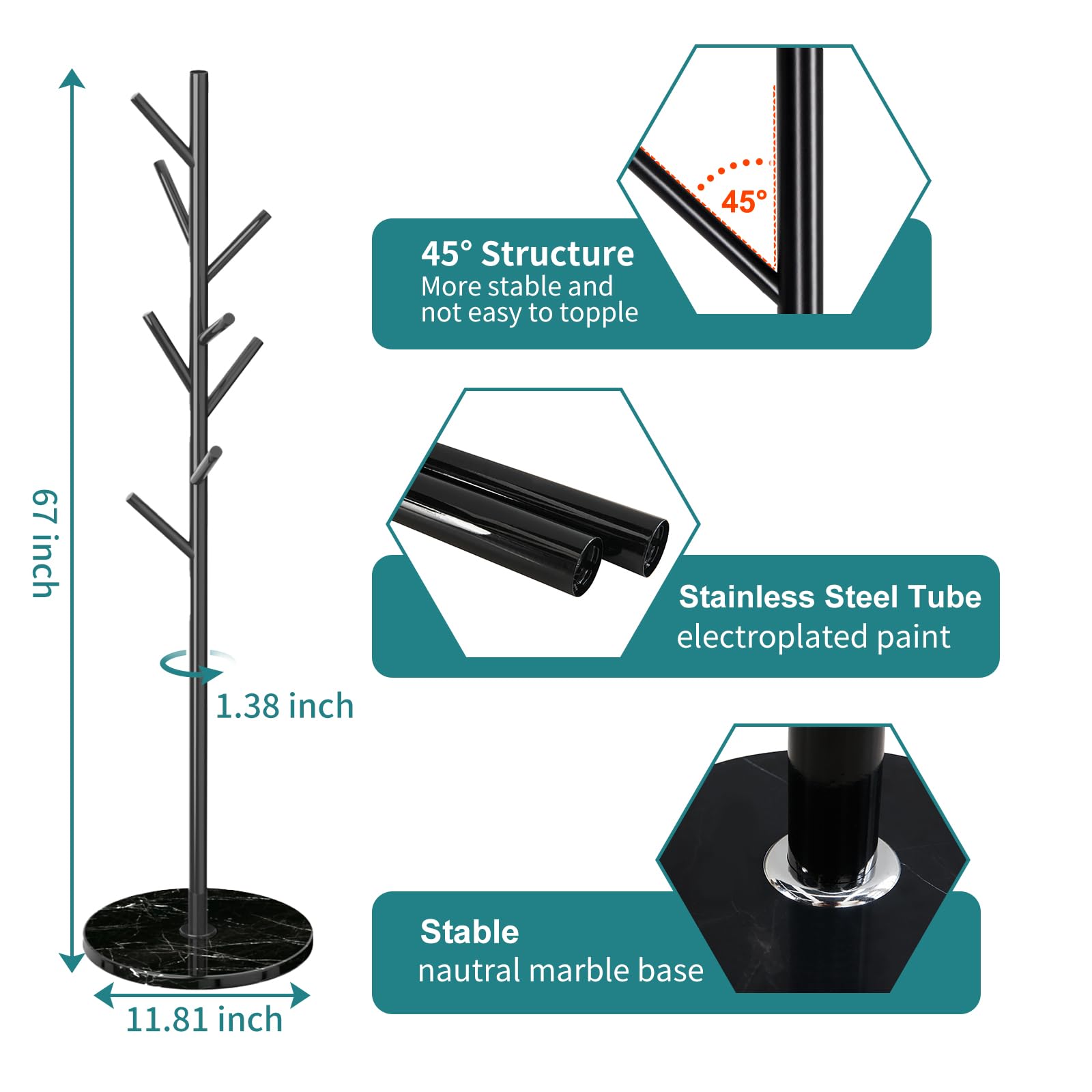OIRUMIE Coat Rack with Natural Marble Base, Metal Freestanding Coat Rack, Stainless Steel Coat Rack Stand with 8 Hooks for Hanging Scarf, Bag, Jacket, Black Coat Hall Tree Hanger Holder Stand