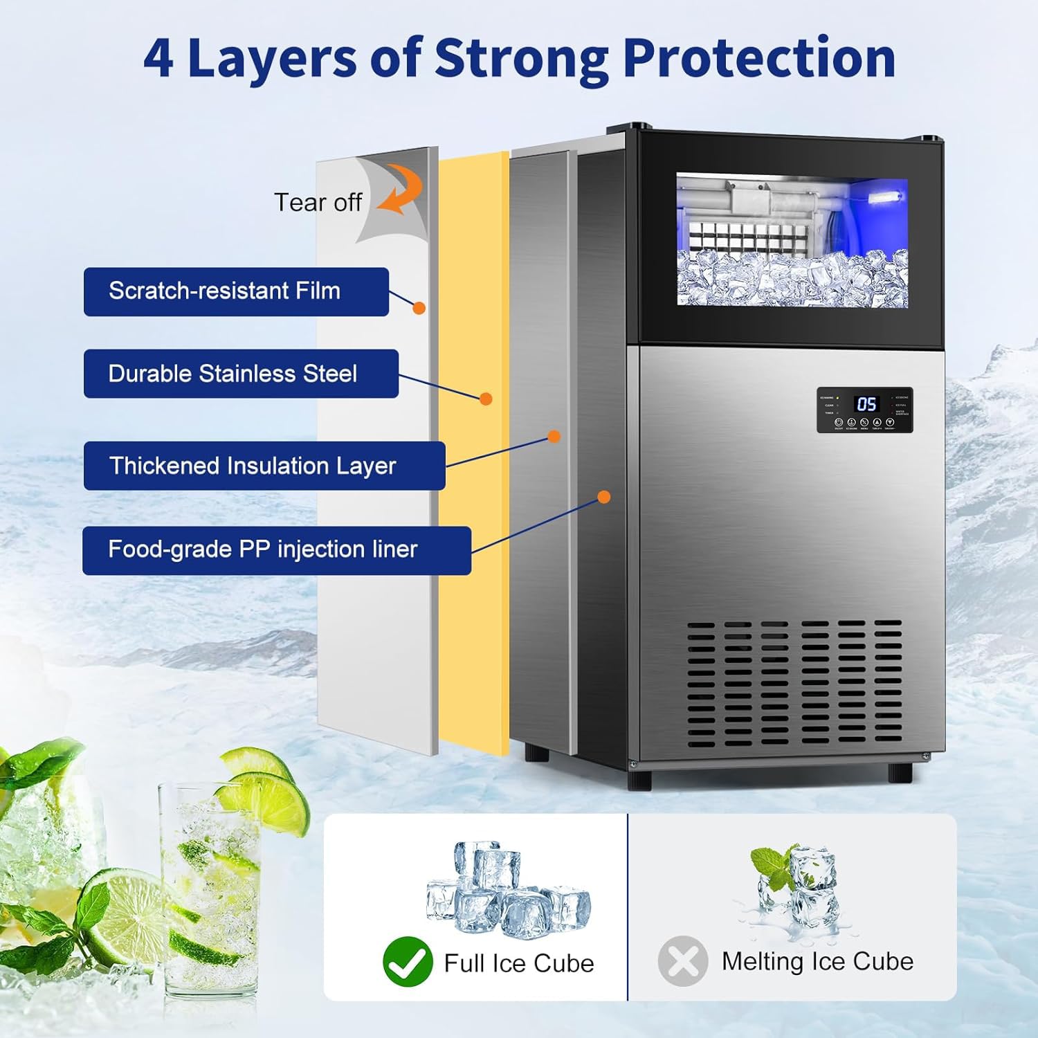 Commercail Ice Maker 130Lbs/24H with 35Lbs Ice Capacity,Upgraded 15" Wide Under Counter Ice Machine 45Pcs Ice Cubes, Commercial Ice Machine Self Clean Stainless Steel Built-in or Freestanding