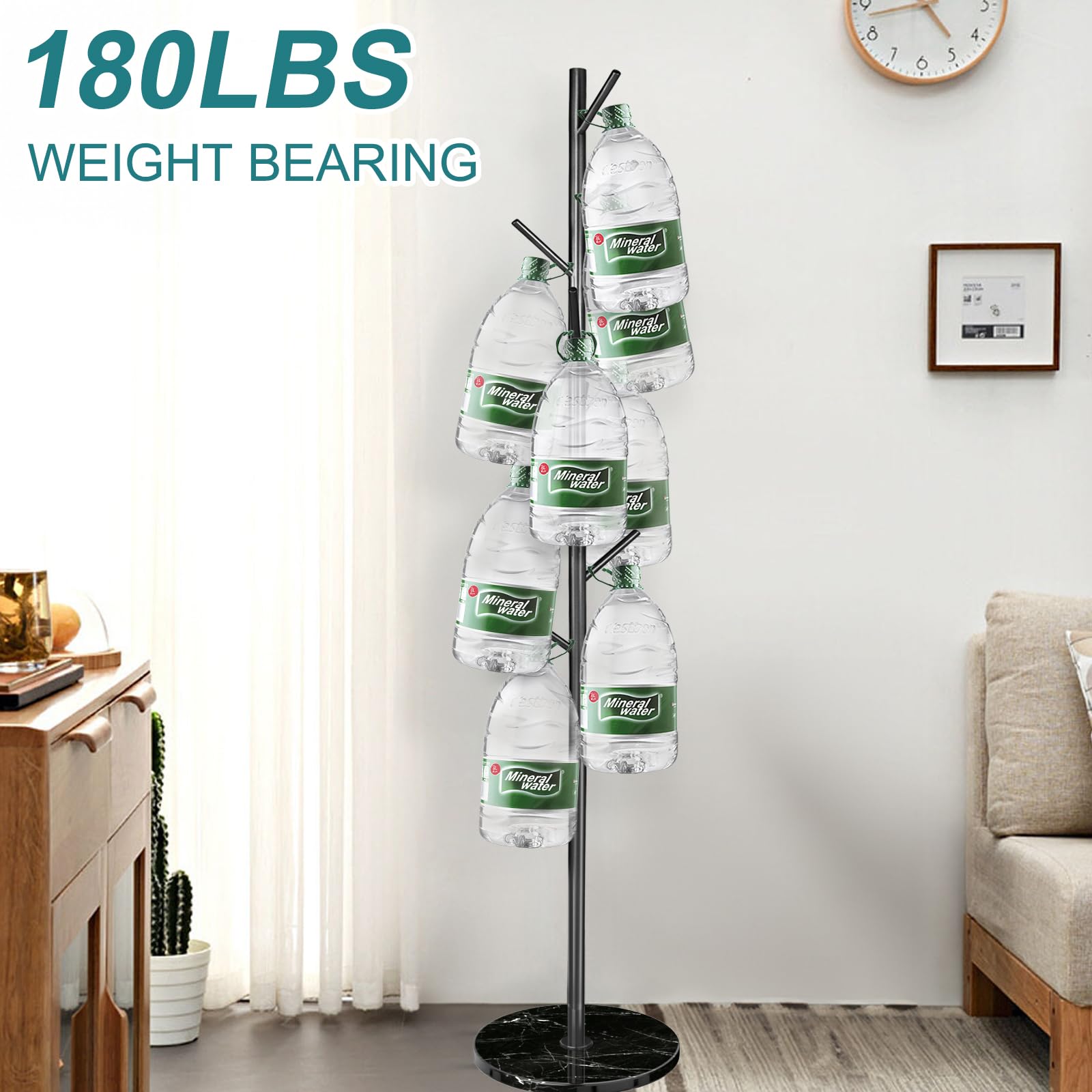 OIRUMIE Coat Rack with Natural Marble Base, Metal Freestanding Coat Rack, Stainless Steel Coat Rack Stand with 8 Hooks for Hanging Scarf, Bag, Jacket, Black Coat Hall Tree Hanger Holder Stand