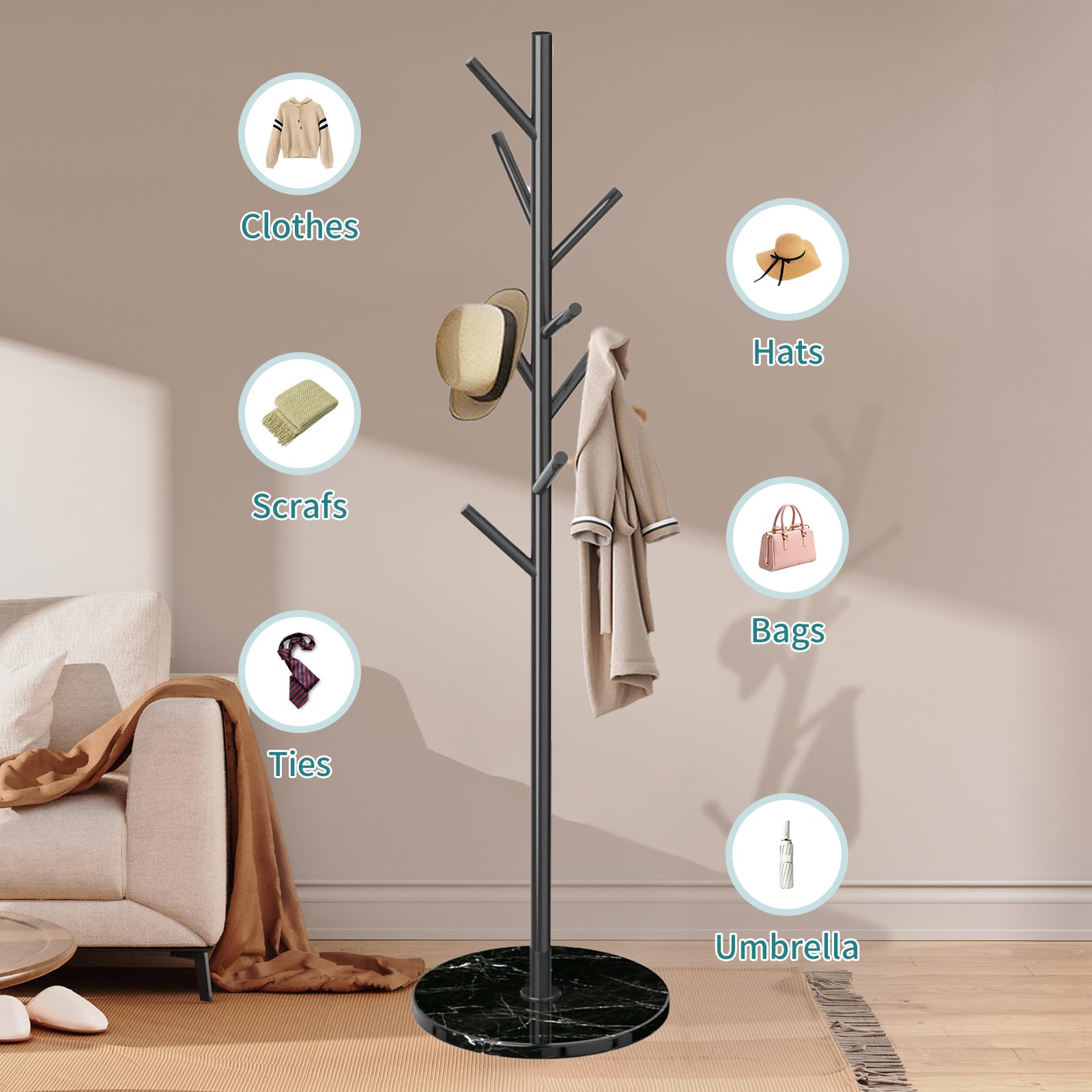 OIRUMIE Coat Rack with Natural Marble Base, Metal Freestanding Coat Rack, Stainless Steel Coat Rack Stand with 8 Hooks for Hanging Scarf, Bag, Jacket, Black Coat Hall Tree Hanger Holder Stand