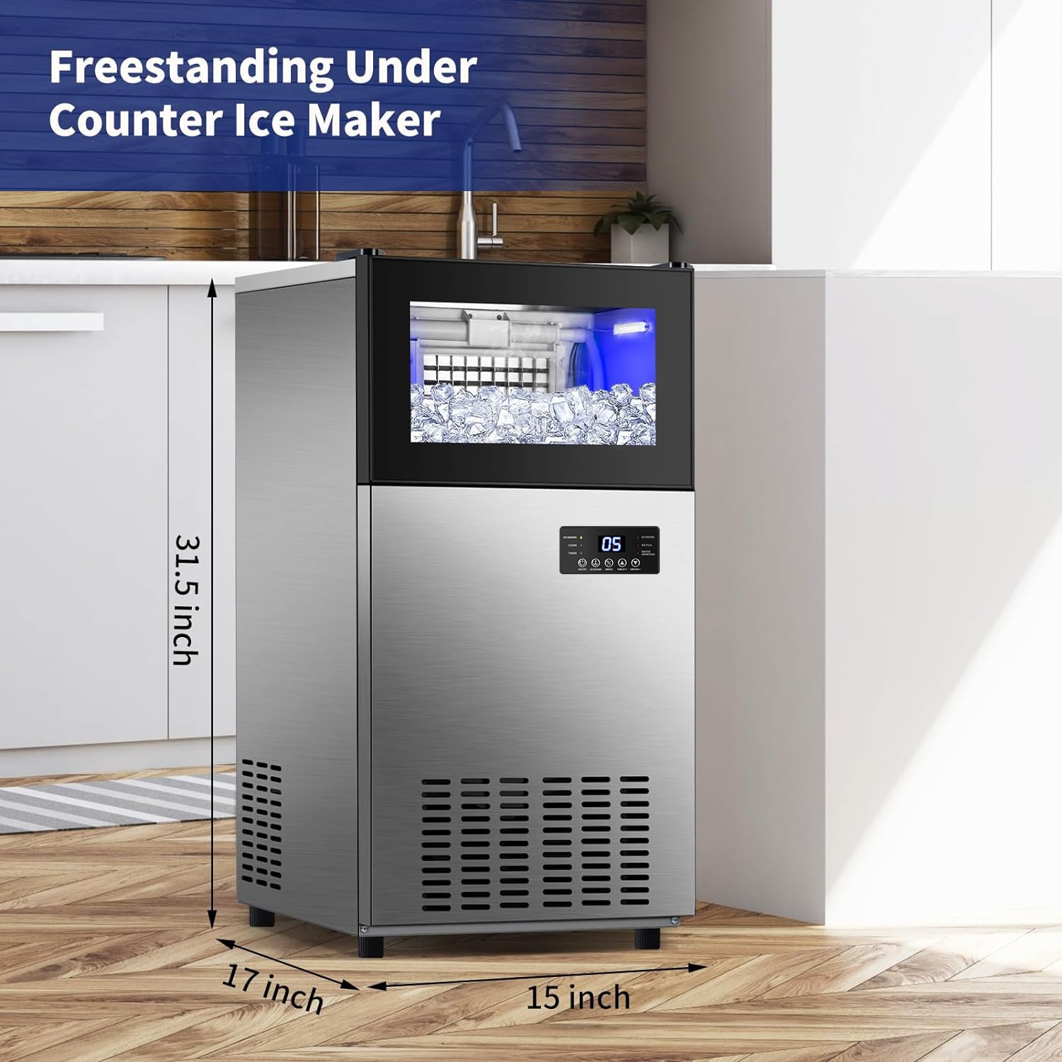 Commercail Ice Maker 130Lbs/24H with 35Lbs Ice Capacity,Upgraded 15" Wide Under Counter Ice Machine 45Pcs Ice Cubes, Commercial Ice Machine Self Clean Stainless Steel Built-in or Freestanding