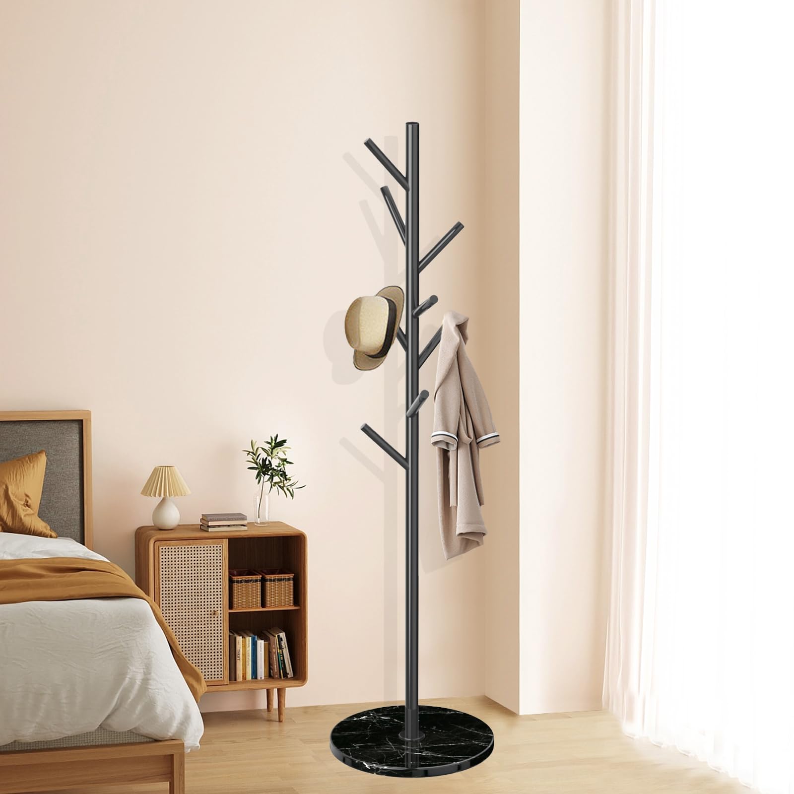 OIRUMIE Coat Rack with Natural Marble Base, Metal Freestanding Coat Rack, Stainless Steel Coat Rack Stand with 8 Hooks for Hanging Scarf, Bag, Jacket, Black Coat Hall Tree Hanger Holder Stand