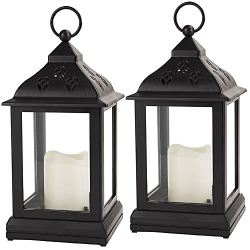 Bright Zeal 2-Pack 9.5" Black Decorative Candle Lantern with LED Flickering Candle - Vintage Candle Lanterns Decorative Indoor Lanterns Battery Powered - Hanging Lanterns Tabletop Lantern with Timer