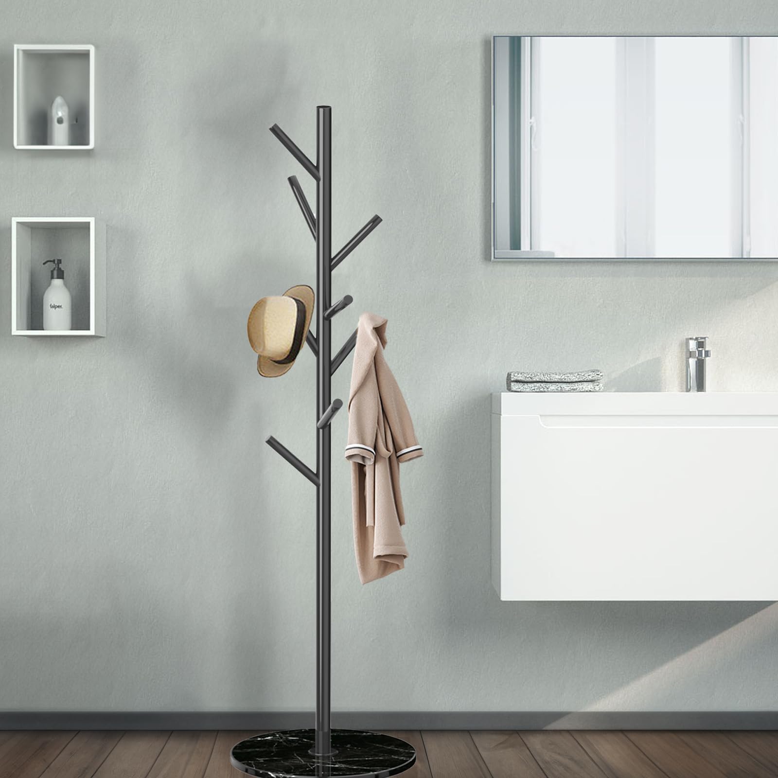 OIRUMIE Coat Rack with Natural Marble Base, Metal Freestanding Coat Rack, Stainless Steel Coat Rack Stand with 8 Hooks for Hanging Scarf, Bag, Jacket, Black Coat Hall Tree Hanger Holder Stand