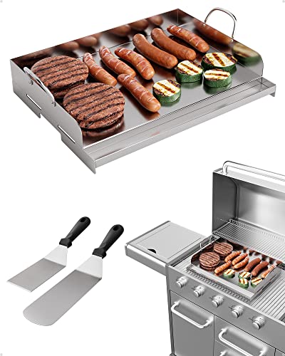 RIEDHOFF 17" x 13" Griddle, [430 Stainless Steel] Flat Top Rectangular Plate with 2 Barbecue Spatula for Charcoal/Gas Grills, Parties, Camping