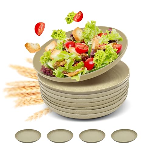 Yemyep Wheat Straw Plates 9 Inch Dinner Plates Set of 8, Microwave&Dishwasher Safe, Unbreakable Plastic Plates, Reusable, Lightweight Plates for kitchen, camping, Party(Beige)
