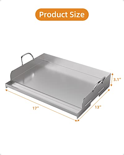 RIEDHOFF 17" x 13" Griddle, [430 Stainless Steel] Flat Top Rectangular Plate with 2 Barbecue Spatula for Charcoal/Gas Grills, Parties, Camping