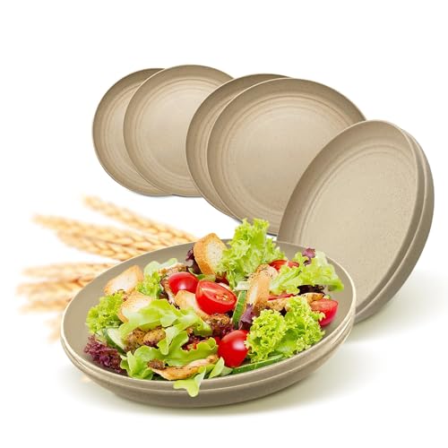 Yemyep Wheat Straw Plates 9 Inch Dinner Plates Set of 8, Microwave&Dishwasher Safe, Unbreakable Plastic Plates, Reusable, Lightweight Plates for kitchen, camping, Party(Beige)