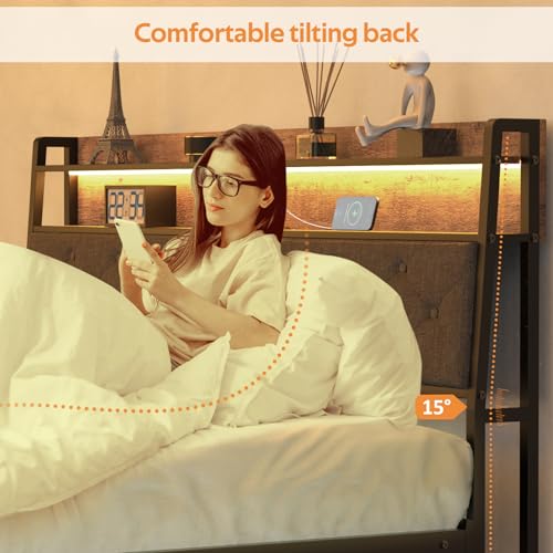 Winkalon King Bed Frame with Headboard, Bed Frame with Charging Station, Metal Platform Bed Frame King Size No Box Spring Needed, Modern Wood Upholstered Headboard and Under Bed Storage