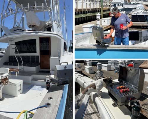 Boat Grill with Mount - Portable Propane Gas BBQ - Grills Secure into Rod Holder | Adjustable Legs for Table Top Use | Stainless Steel Marine Stove -Great Outdoor Barbecue