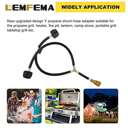 Lemfema Universal Y Type Splitter Propane Tank Converter Adapter Hose with Gauge, Two Way Qcc1/Type1 Inlet & POL/QCC1 Exit Propane Hose to Connect 5-40lb Tank for Grill, Heater, Fire Pit, Fireplaces