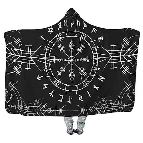 Viking 3D Printing Hooded Blanket Keeps Warm And Soft Viking Vegvisir Compass Unisex Winter Wearable Hooded Blanket Double Thickened Plush Wool Blanket ( Color : Blanket , Size : 80x60in/150x200cm )