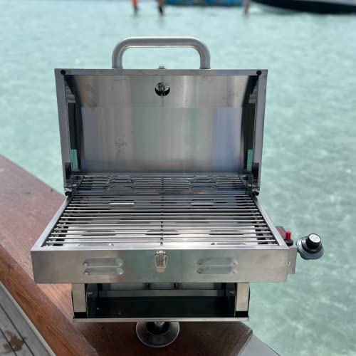 Boat Grill with Mount - Portable Propane Gas BBQ - Grills Secure into Rod Holder | Adjustable Legs for Table Top Use | Stainless Steel Marine Stove -Great Outdoor Barbecue