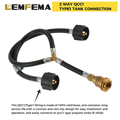 Lemfema Universal Y Type Splitter Propane Tank Converter Adapter Hose with Gauge, Two Way Qcc1/Type1 Inlet & POL/QCC1 Exit Propane Hose to Connect 5-40lb Tank for Grill, Heater, Fire Pit, Fireplaces
