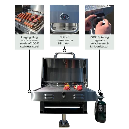 Boat Grill with Mount - Portable Propane Gas BBQ - Grills Secure into Rod Holder | Adjustable Legs for Table Top Use | Stainless Steel Marine Stove -Great Outdoor Barbecue