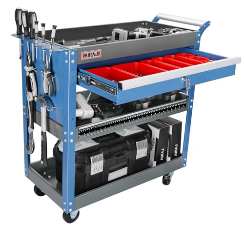 AIRAJ 3 Tier Rolling Tool Cart on Wheels,Metal Heavy Duty Mechanic Cart with Drawers and Pegboard,440 LBS Capacity Industrial Utility Cart,Tool Storage Cart for Garage,Warehouse,Blue-Black