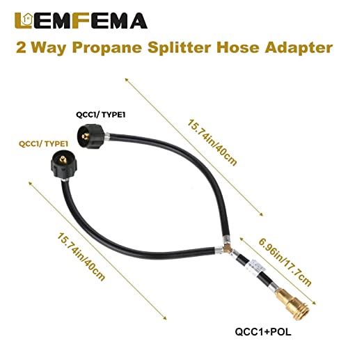 Lemfema Universal Y Type Splitter Propane Tank Converter Adapter Hose with Gauge, Two Way Qcc1/Type1 Inlet & POL/QCC1 Exit Propane Hose to Connect 5-40lb Tank for Grill, Heater, Fire Pit, Fireplaces