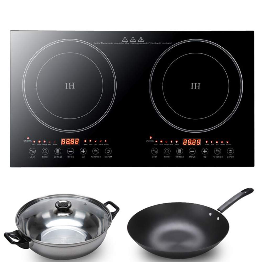 HinLIaDa Double Induction Cooktop Burner, 1200W Portable Electric Induction Cooker Touch Type Keys Dual Control Infrared Cooktop Glass Plate Electric Cooktop 8 Gear Firepower 110V